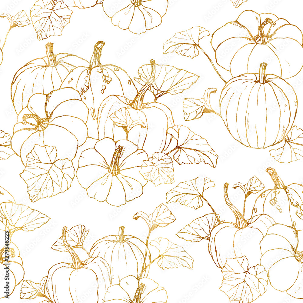 Line art golden seamless pattern for traditional autumn festival. Hand ...