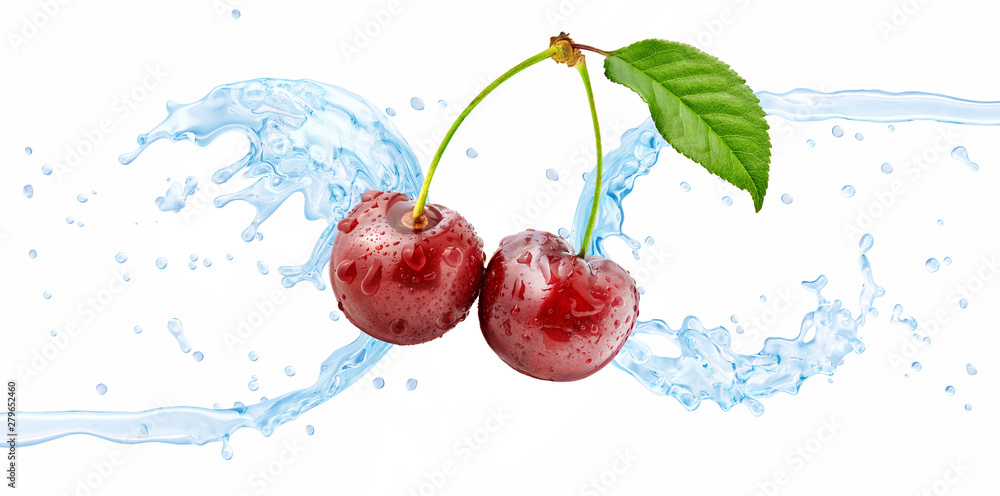 Fresh cold pure cherry flavored water wave splash isolated on white ...