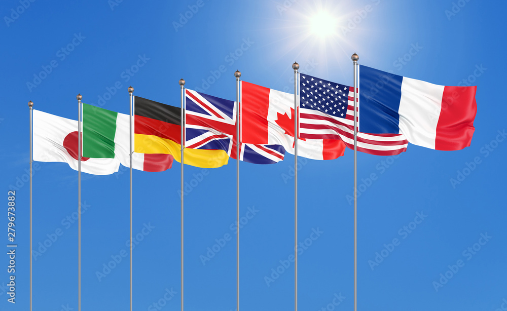 Silk waving G7 flags of countries of Group of Seven Canada, Germany ...