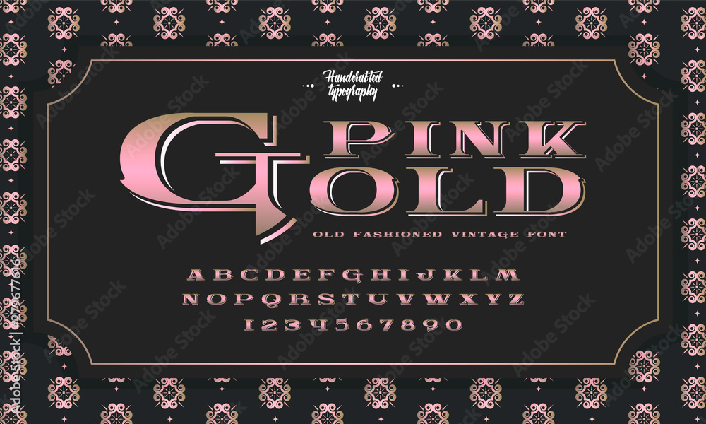 Gold serif font and alphabet. Vintage abc, english letters and numbers ...