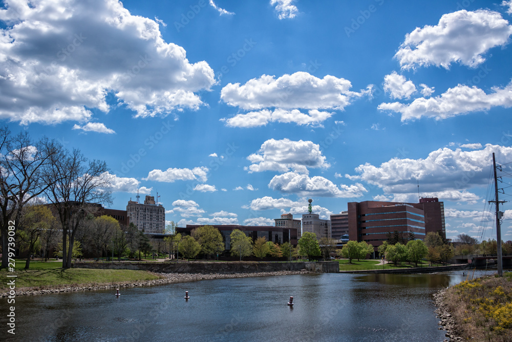 Flint, Michigan skyline and the Flint River. Known widely for their ...