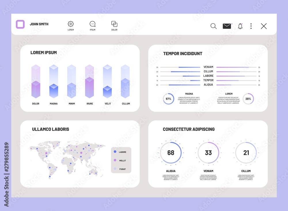 Dashboard UI infographic template. Modern presentation with data graphs, admin panel and HUD ...