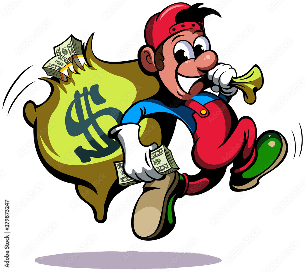 Cartoon style man, running with the bag of money, vector funny cartoon ...