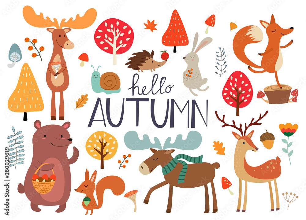 Cute hand drawn autumn forest animals and fall floral elements. Ideas ...