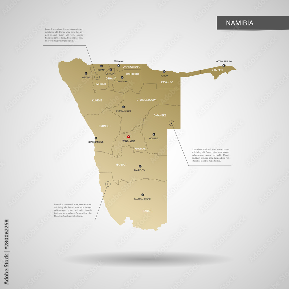 Stylized vector Namibia map. Infographic 3d gold map illustration with cities, borders, capital ...