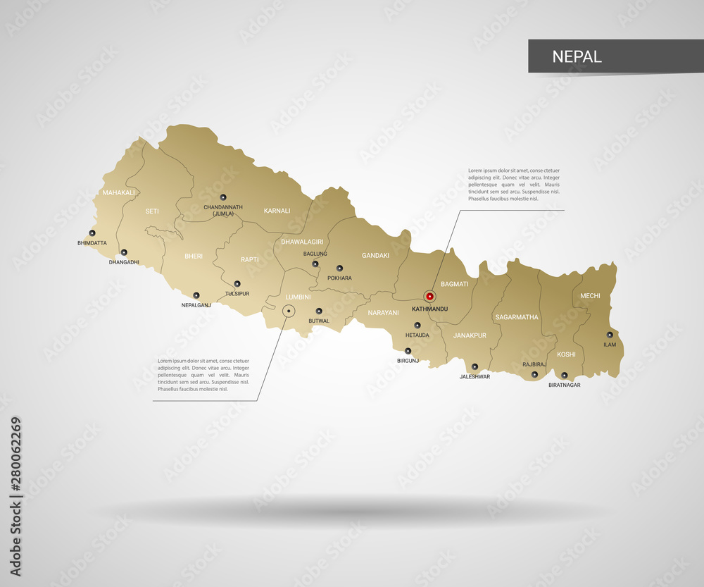 Stylized vector Nepal map. Infographic 3d gold map illustration with ...