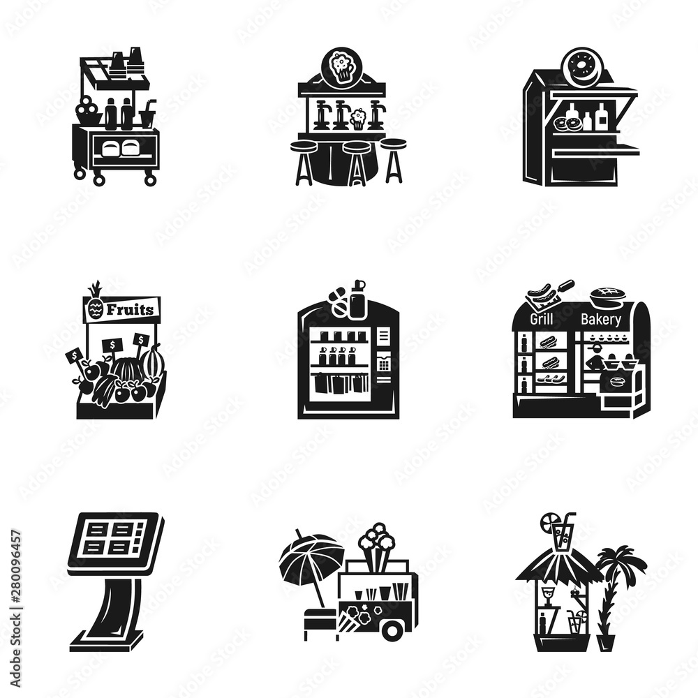 Food kiosk icon set. Simple set of 9 food kiosk vector icons for web ...
