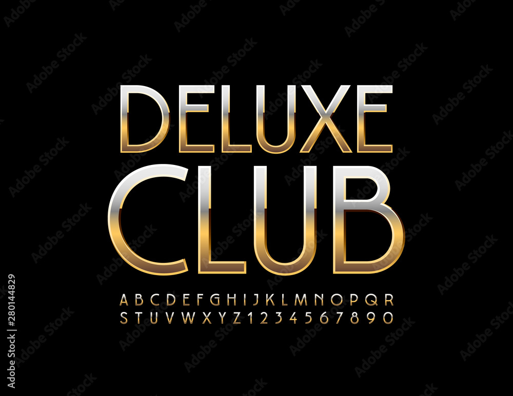 Vector chic emblem Deluxe Club. Uppercase Golden Font. Shiny Alphabet ...
