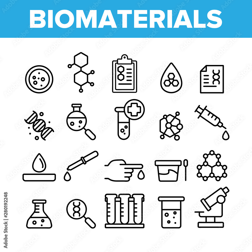 Biomaterials, Medical Analysis Vector Linear Icons Set. Biomaterials ...
