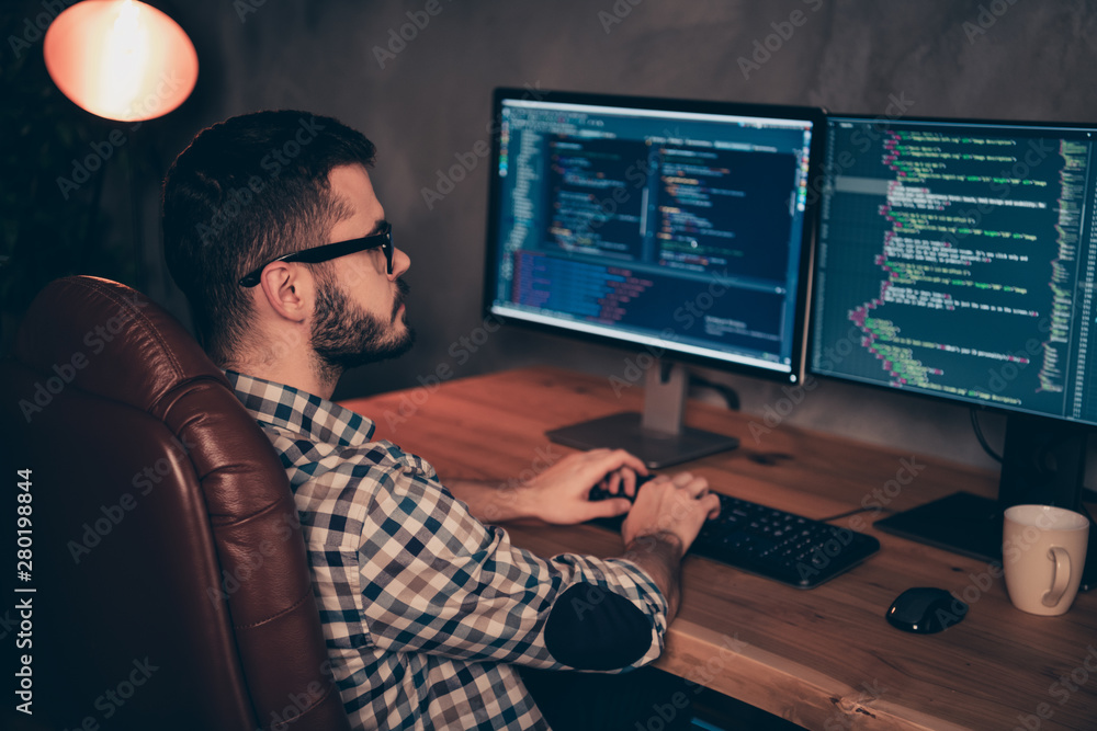 Close Up Side Profile Photo Handsome He Him His Guy Coder Typing Php Css Keyboard Development