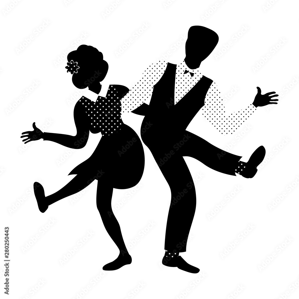 Couple of people dancing charleston. 1940s and 1950s style. Woman with ...