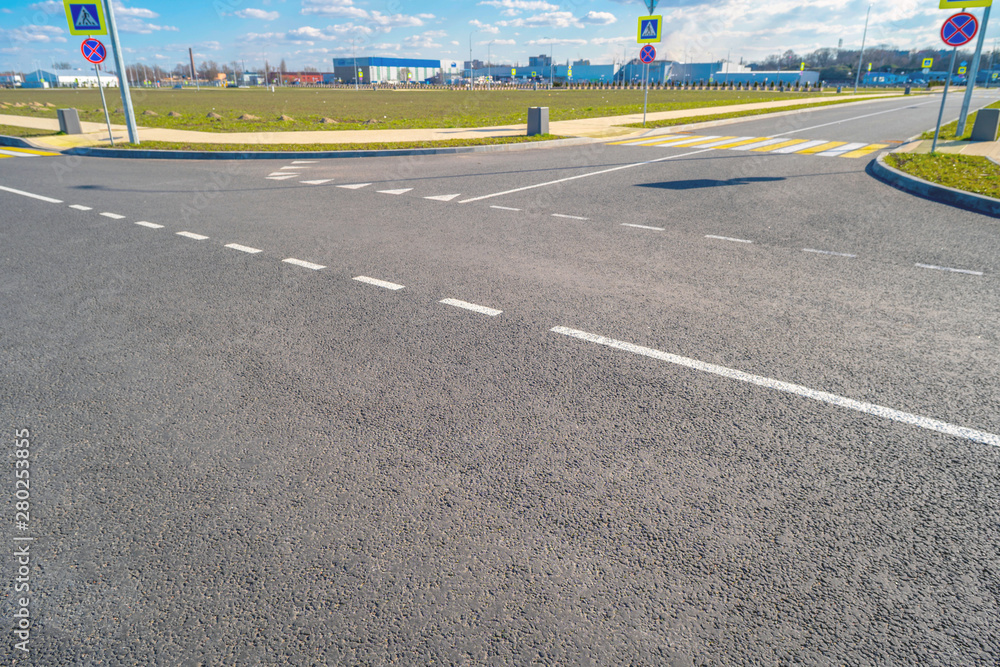 Open space with road signs and road markings, road intersections ...