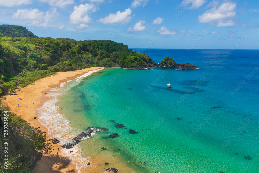 Aerial view of Baia do Sancho in Fernando de Noronha, consistently ...