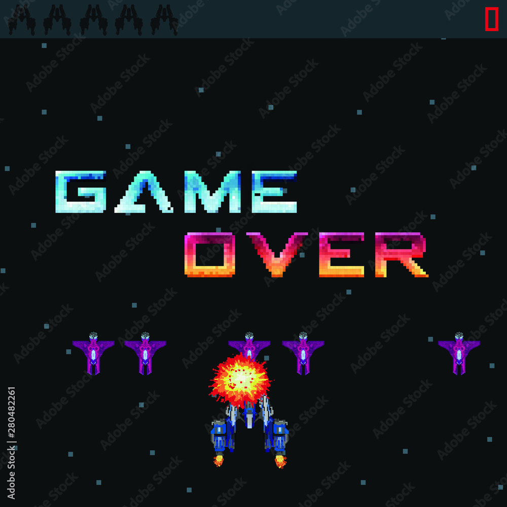 Retro video game, screen, arcade space warships, shooting, background ...