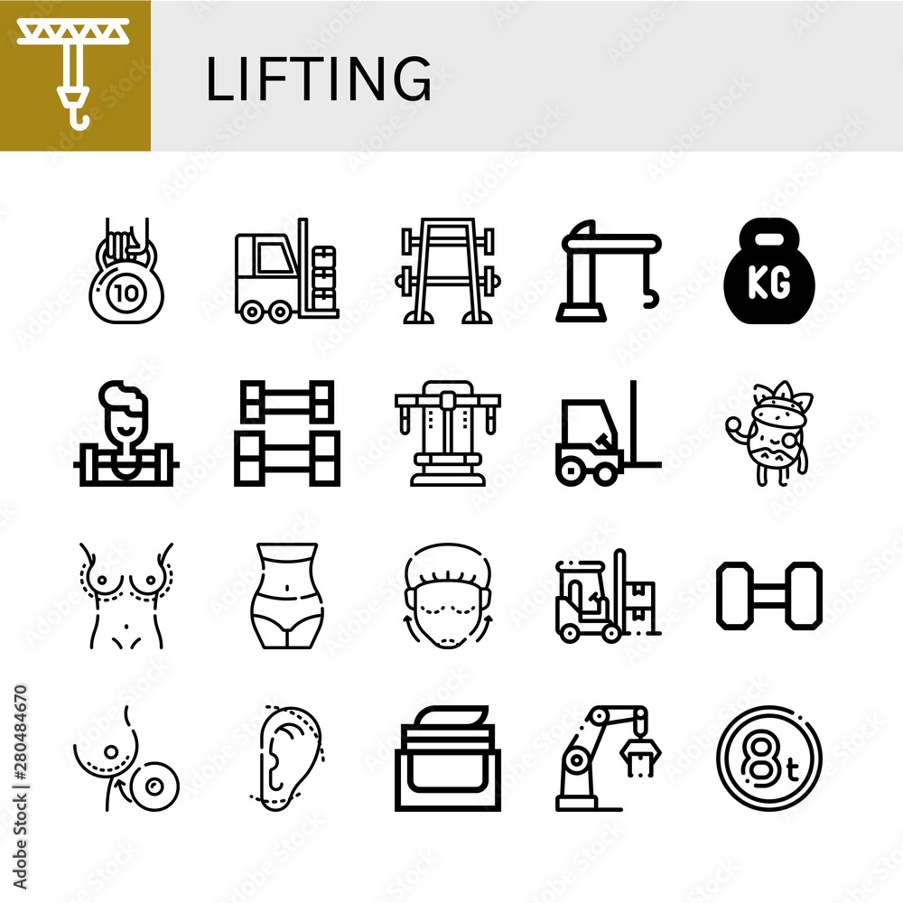 Set of lifting icons such as Crane, Kettlebell, Forklift, Bench press ...