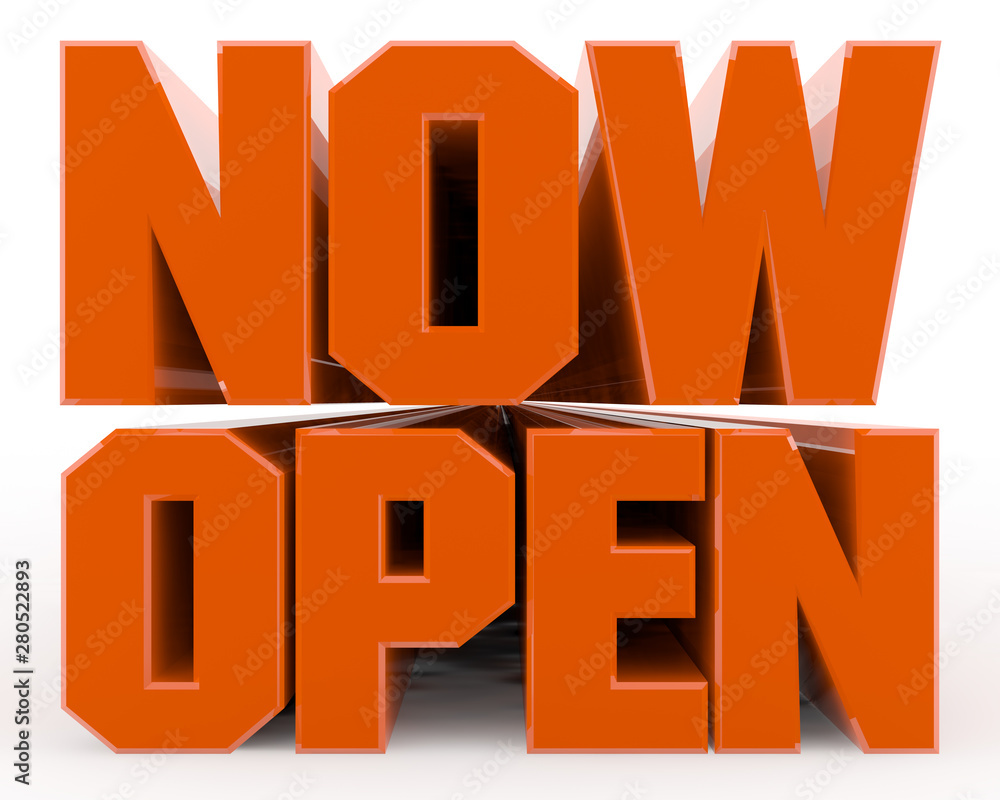 3D NOW OPEN word on white background illustration 3D rendering Stock ...