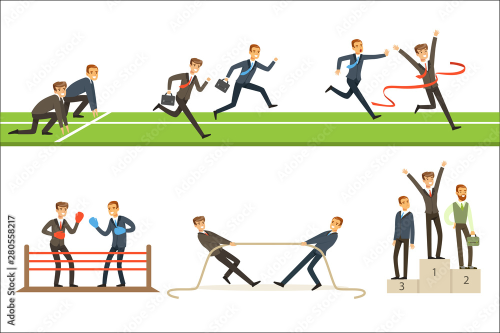 Business Competition Set Of Illustrations With Businessman Running And ...