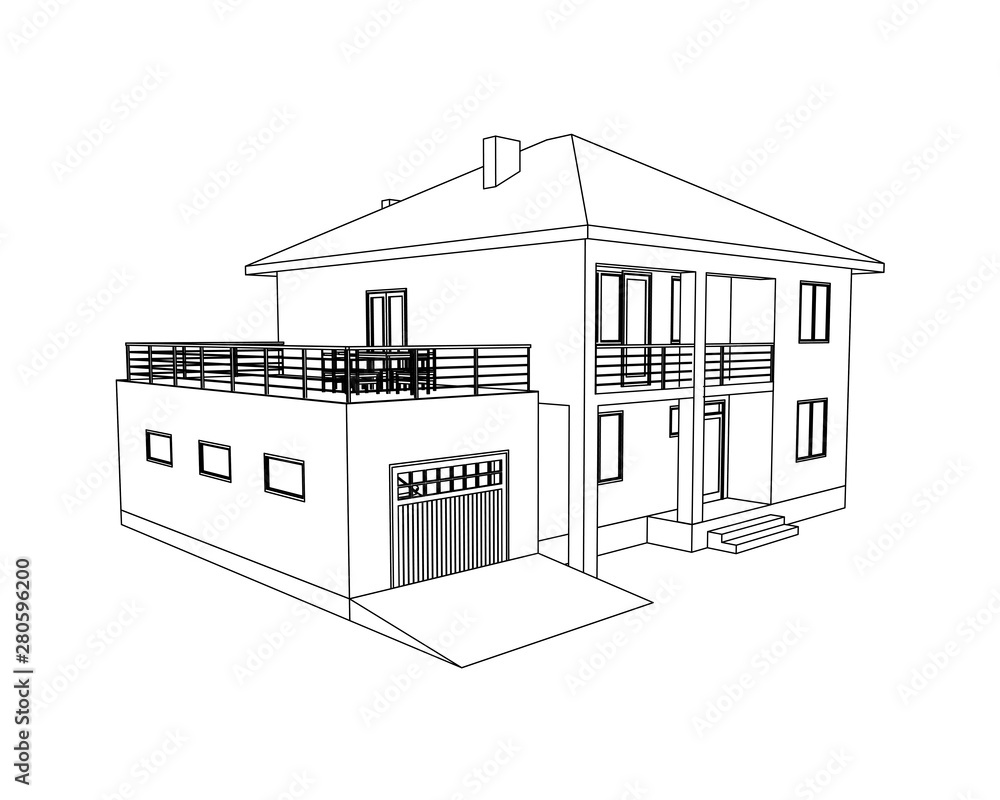 Building perspective 3D. Drawing of the suburban house. Outlines ...