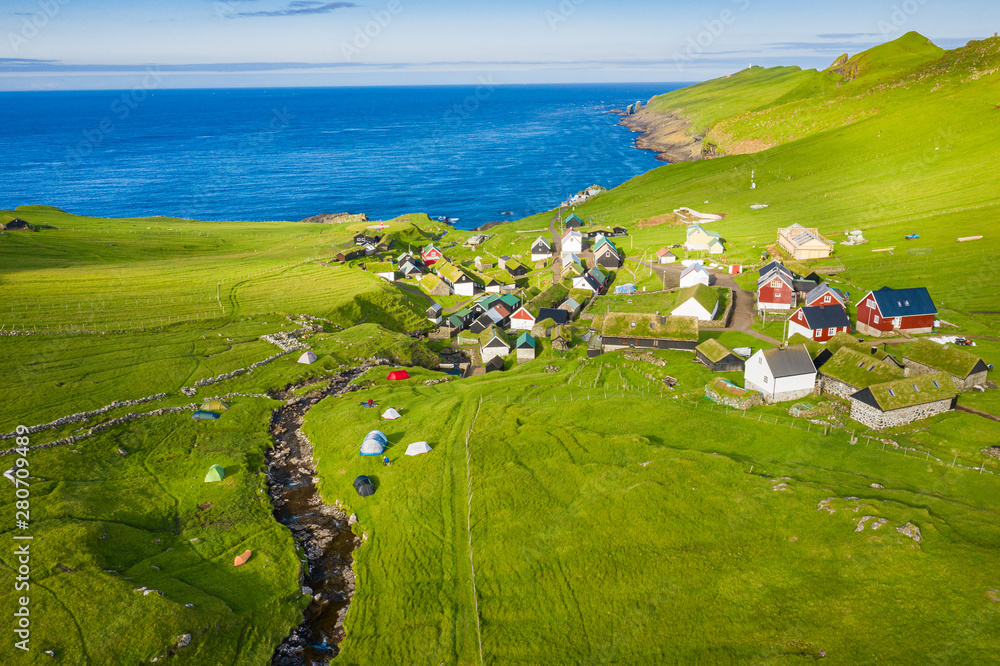 Aerial view of village at Mykines island in Faroe Islands, North ...