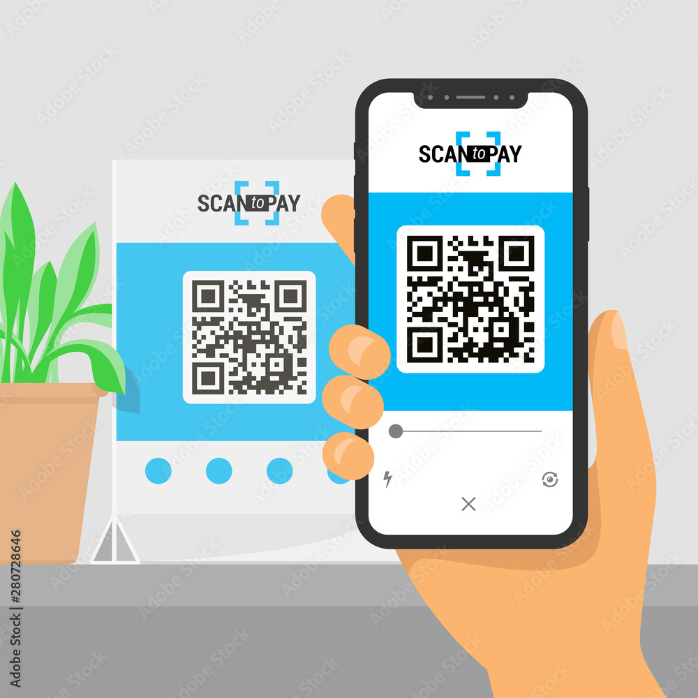 Screen smartphone with app in hand. Scanning qr code on table and ...