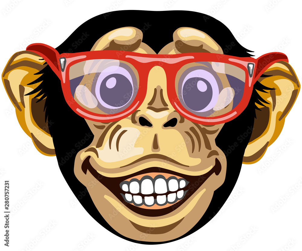 Head of cartoon chimp ape or chimpanzee monkey wearing glasses and ...