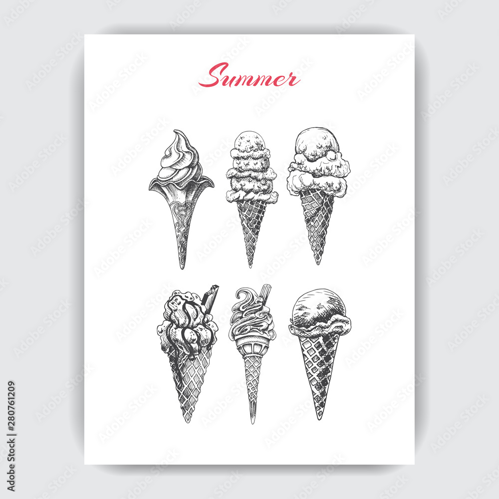 Hand drawn sketch illustration ice cream. Card menu sweets. Stock ...
