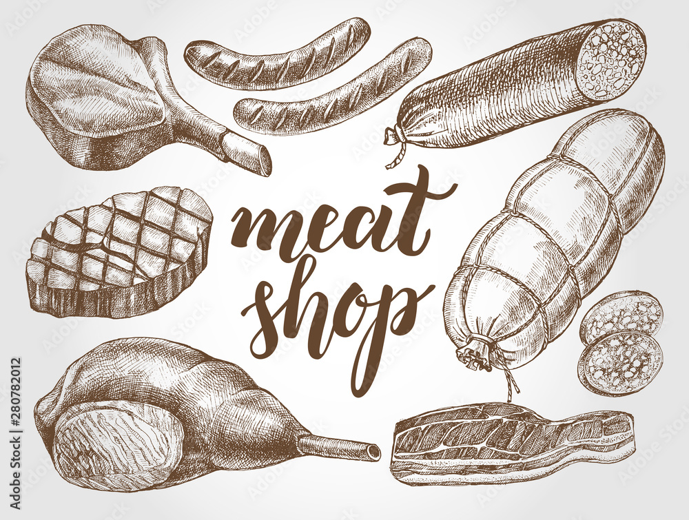 Ink hand drawn set of meat products, bacon, salami and sausages. Food ...