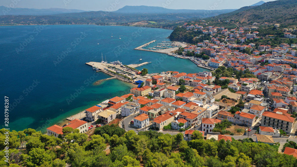 Aerial drone photo of iconic medieval castle and village of Pylos or ...
