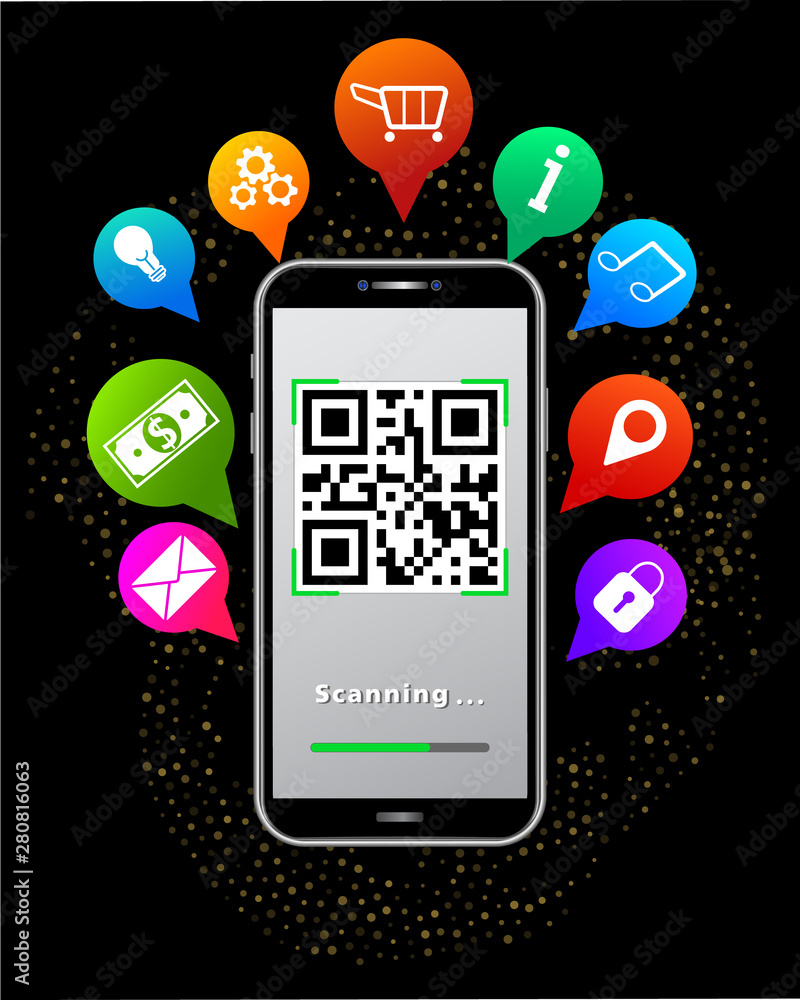 Scanning QR code using smartphone isolated on abstract black background ...
