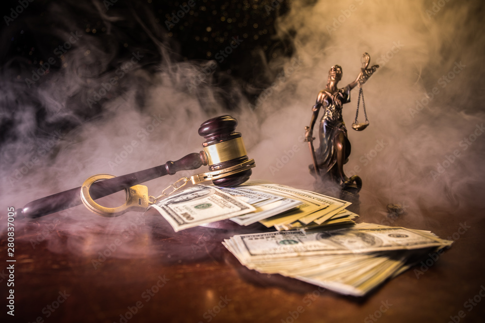 Law scales, dollars cash money, judge gavel, handcuff. Vintage old ...