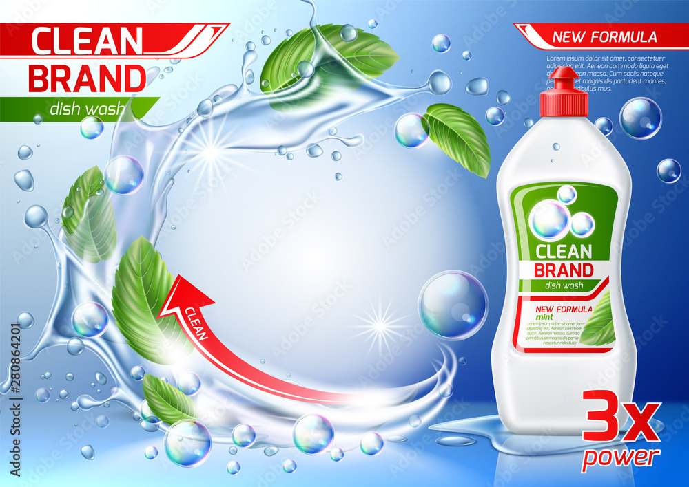 Water splash with green leaves with cleanser bottle. Realistic liquid ...