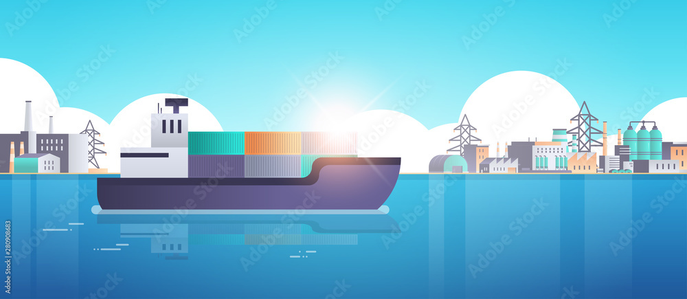 cargo container ship in sea or ocean over factory buildings industrial ...