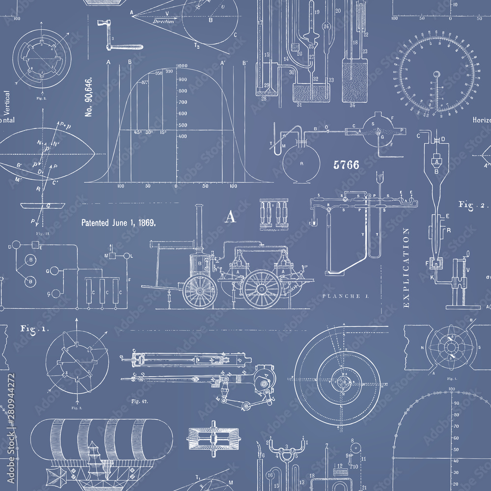 seamlessly tiling vector steampunk pattern with various graphs, charts ...
