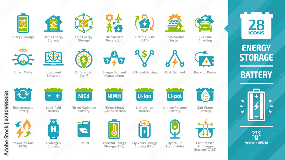 Energy storage color icon set with distributed generation, solar panel ...
