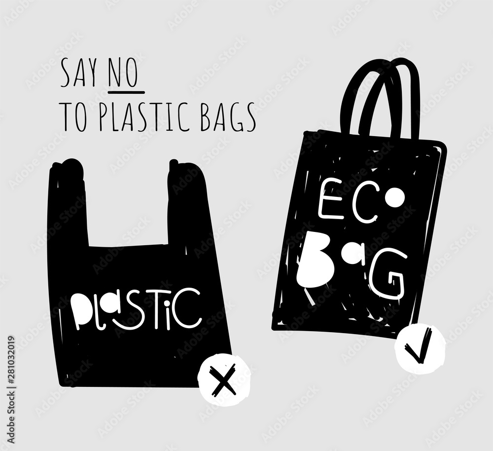 Stop using plastic. Motivational handwritten phrases. Hand drawn vector illustration. Say no to ...