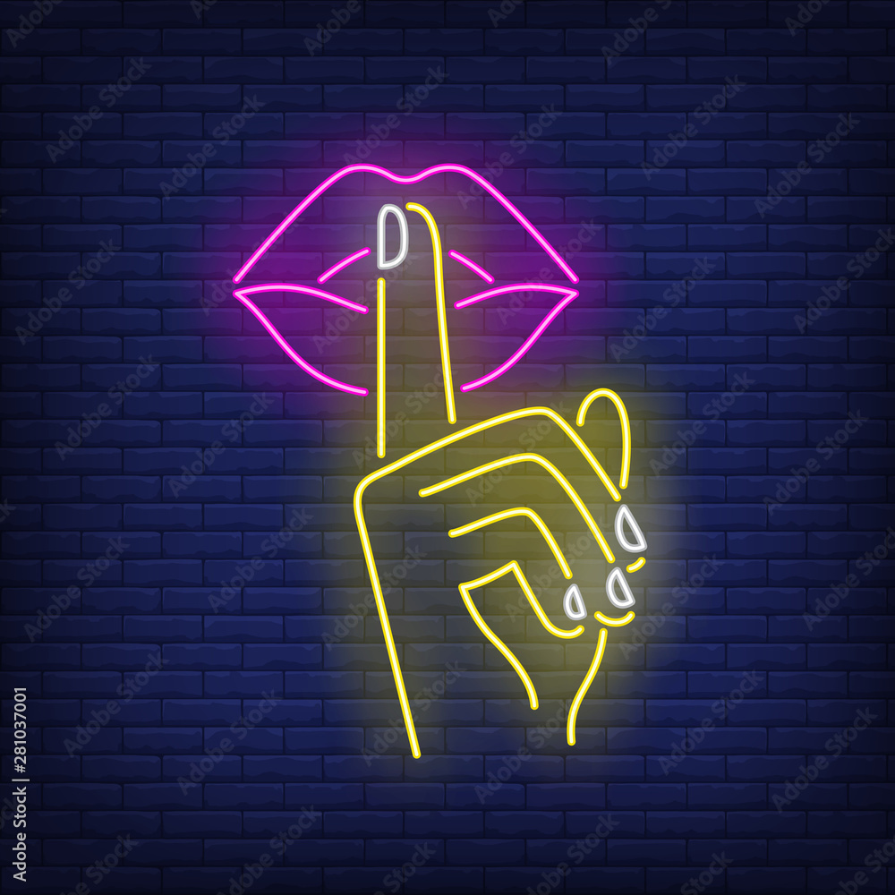Shh gesture neon sign. Female hand, index finger on pink lips. Gestures ...