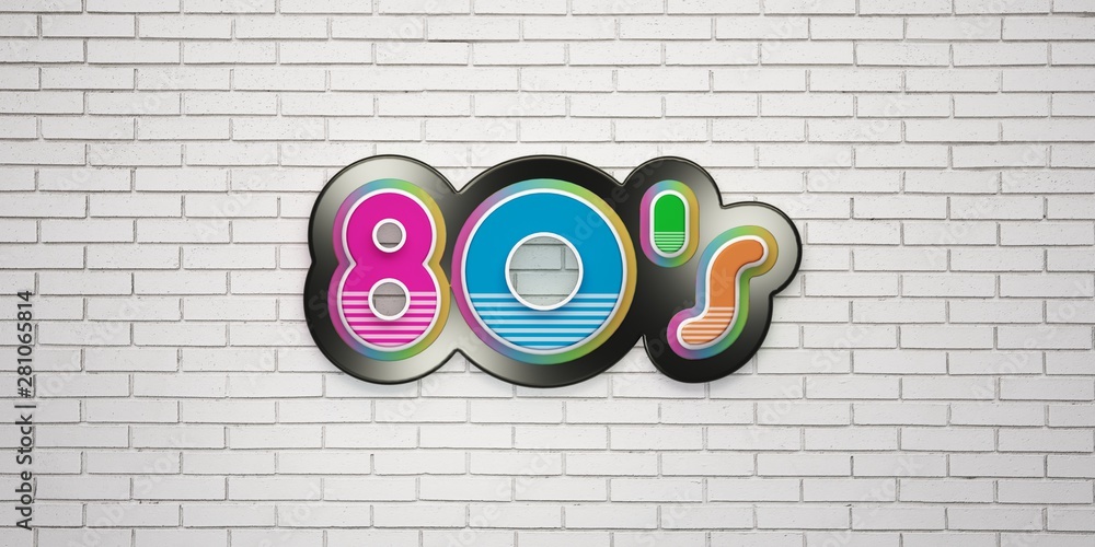 80s Party on white brick wall banner. 3D Render Illustration Stock ...