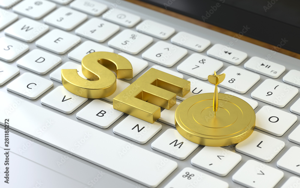 SEO symbol on the keyboard of a latop, 3d rendering,conceptual image ...