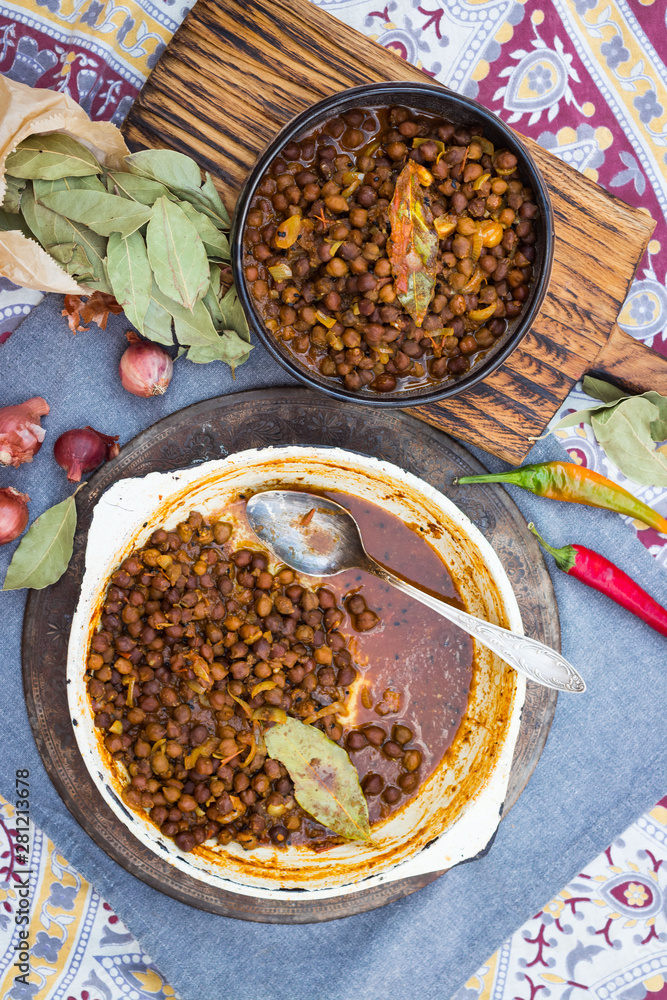 Black chickpeas. Kala chana masala with gravy. Spicy Indian traditional ...