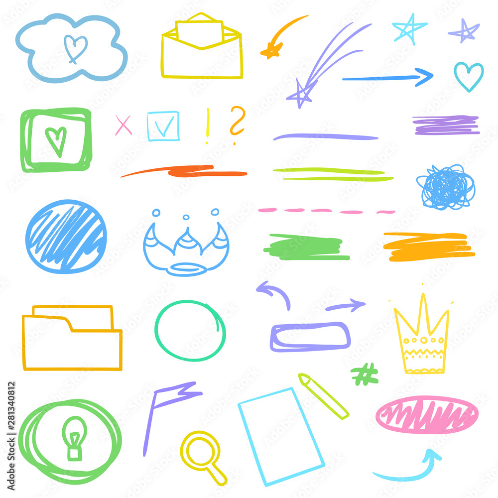 Colorful tangled signs and shapes on white. Chaotic patterns. Bright ...