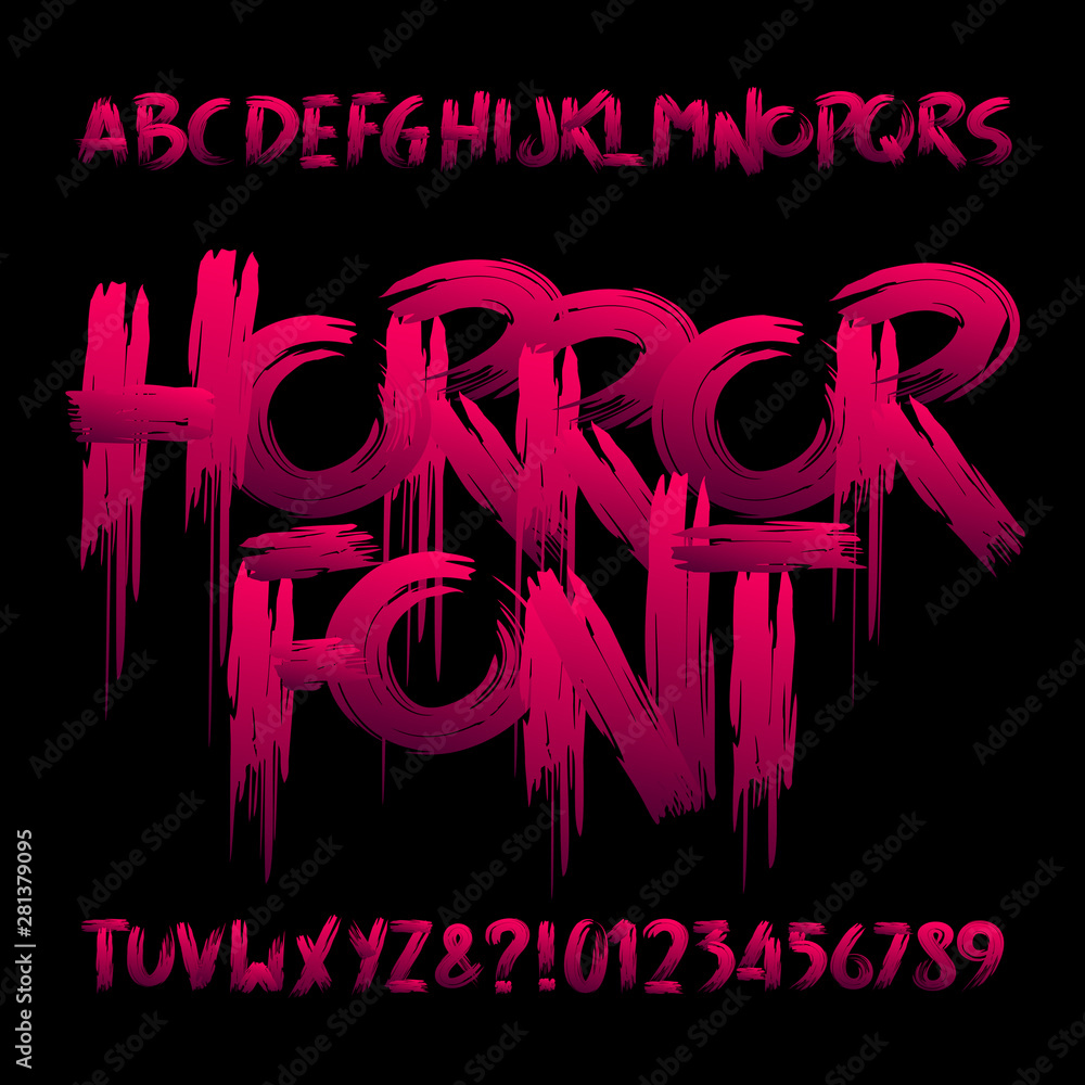 Horror alphabet font. Uppercase handwritten bloody letters and numbers ...