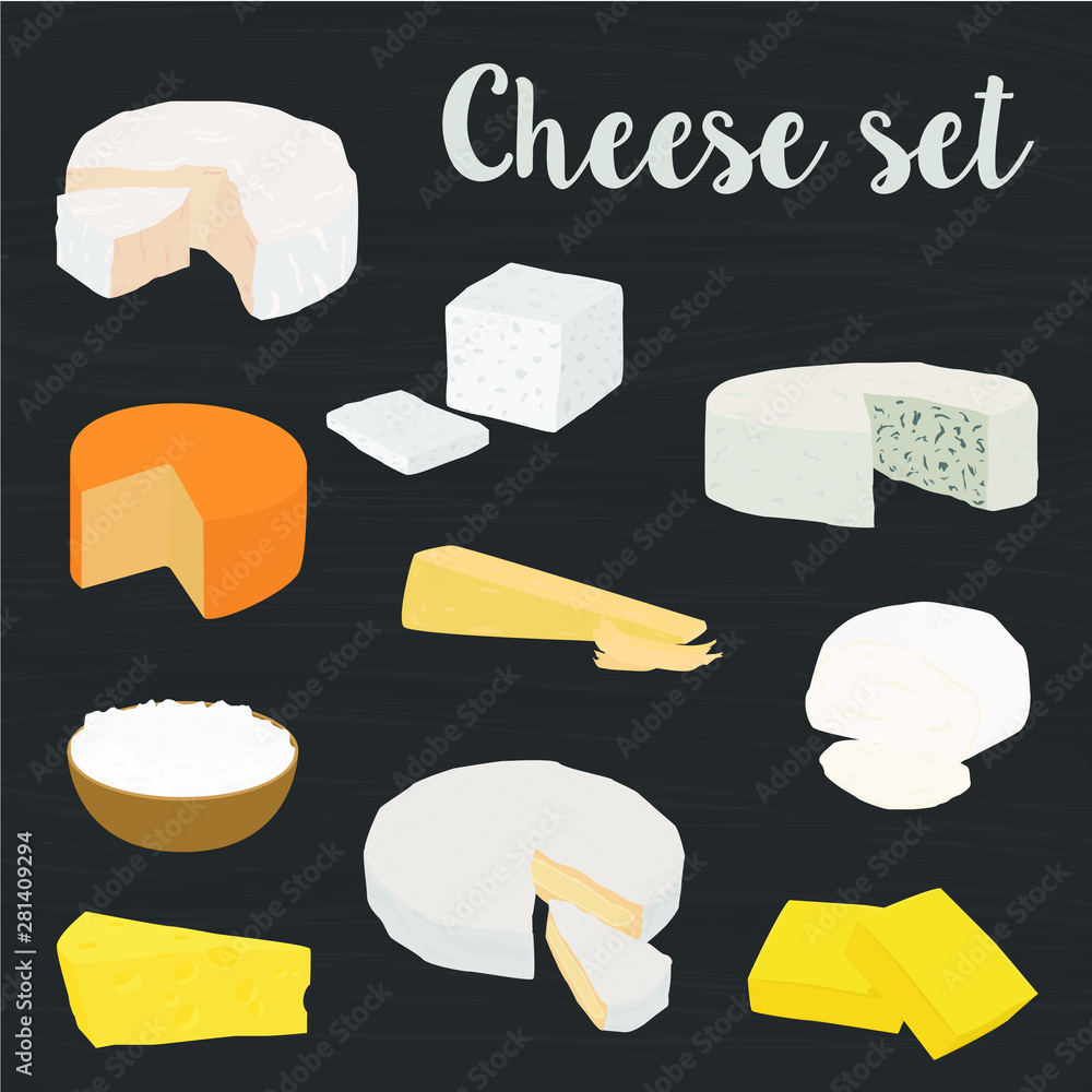 Cartoon vector cheese types set. Different cheese types simple design ...