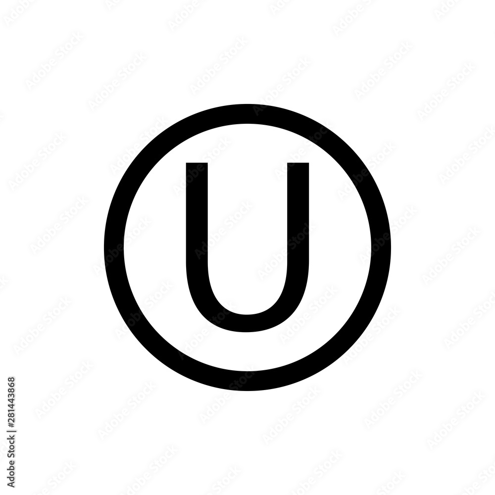Letter U in a circle sign. White background.The hechsher, or kosher seal of the Orthodox Union ...