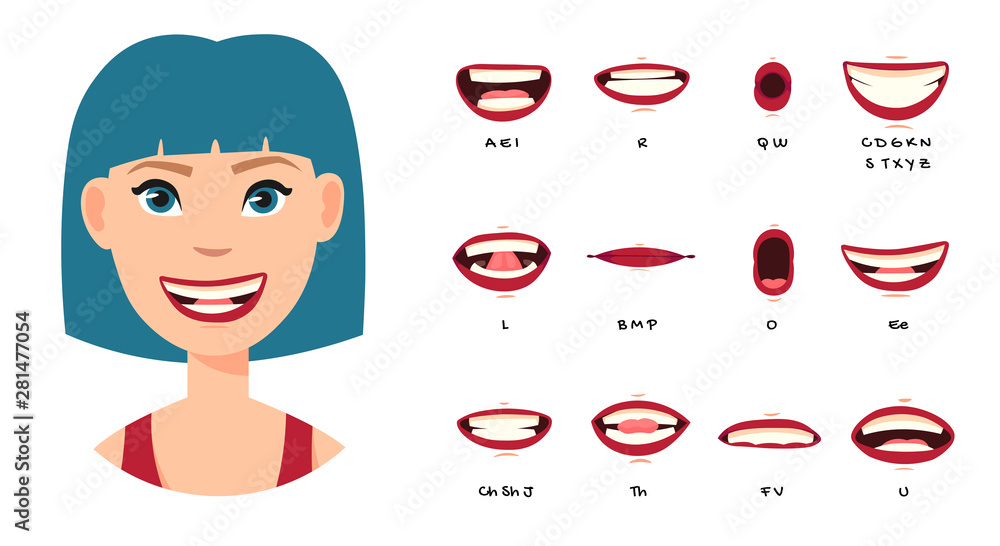 Cartoon talking mouth and lips expressions vector animations poses. Accent and pronunciation ...