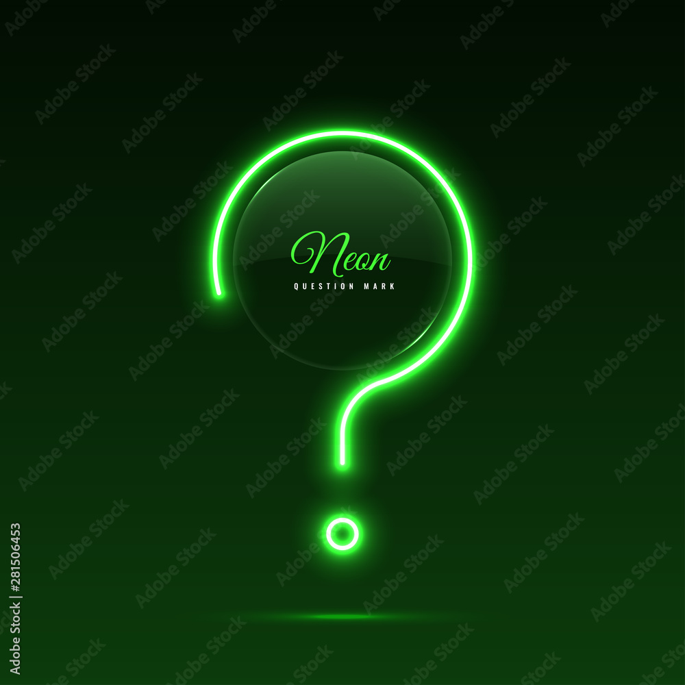 Neon question mark. Glass banner of a round shape. Transparent ...
