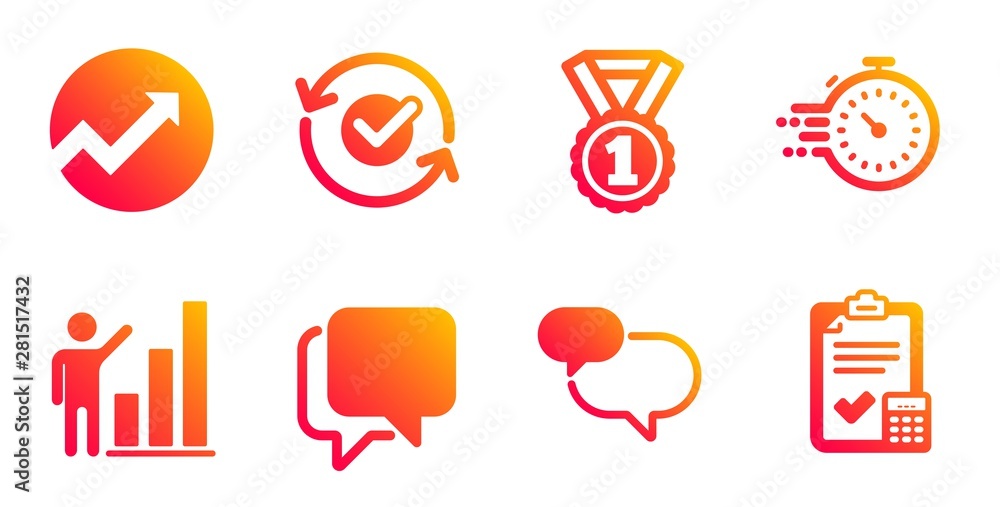 Audit, Chat message and Approved line icons set. Timer, Graph chart and Best rank signs. Talk ...