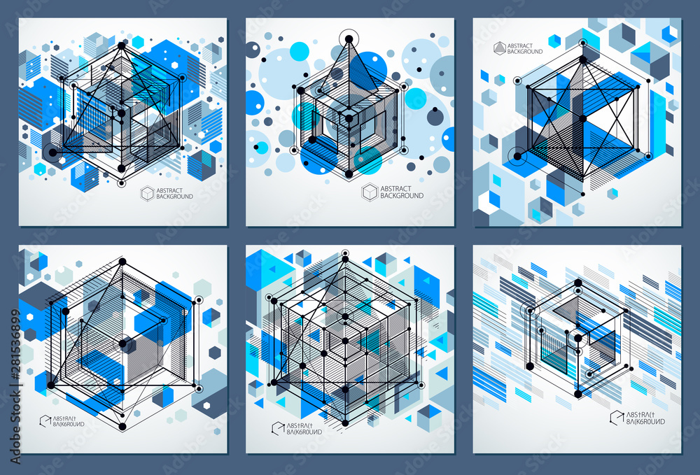 Vector of abstract geometric 3D cube pattern and blue backgrounds set. Layout of cubes, hexagons ...