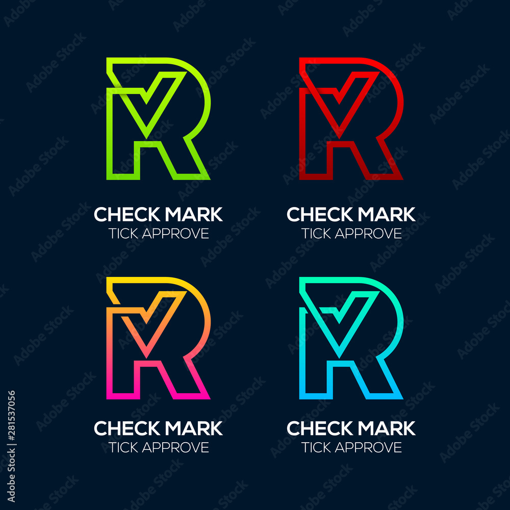 Letter R logotypes with Check mark Signs, Tick Approve Symbols Vector ...