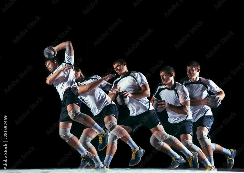 Caucasian young handball player in action and motion in mixed and ...