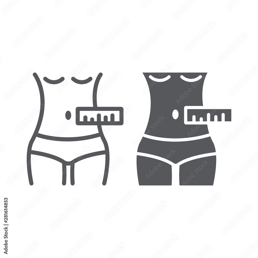 Waist measurement line and glyph icon, tailor and measure, female body ...